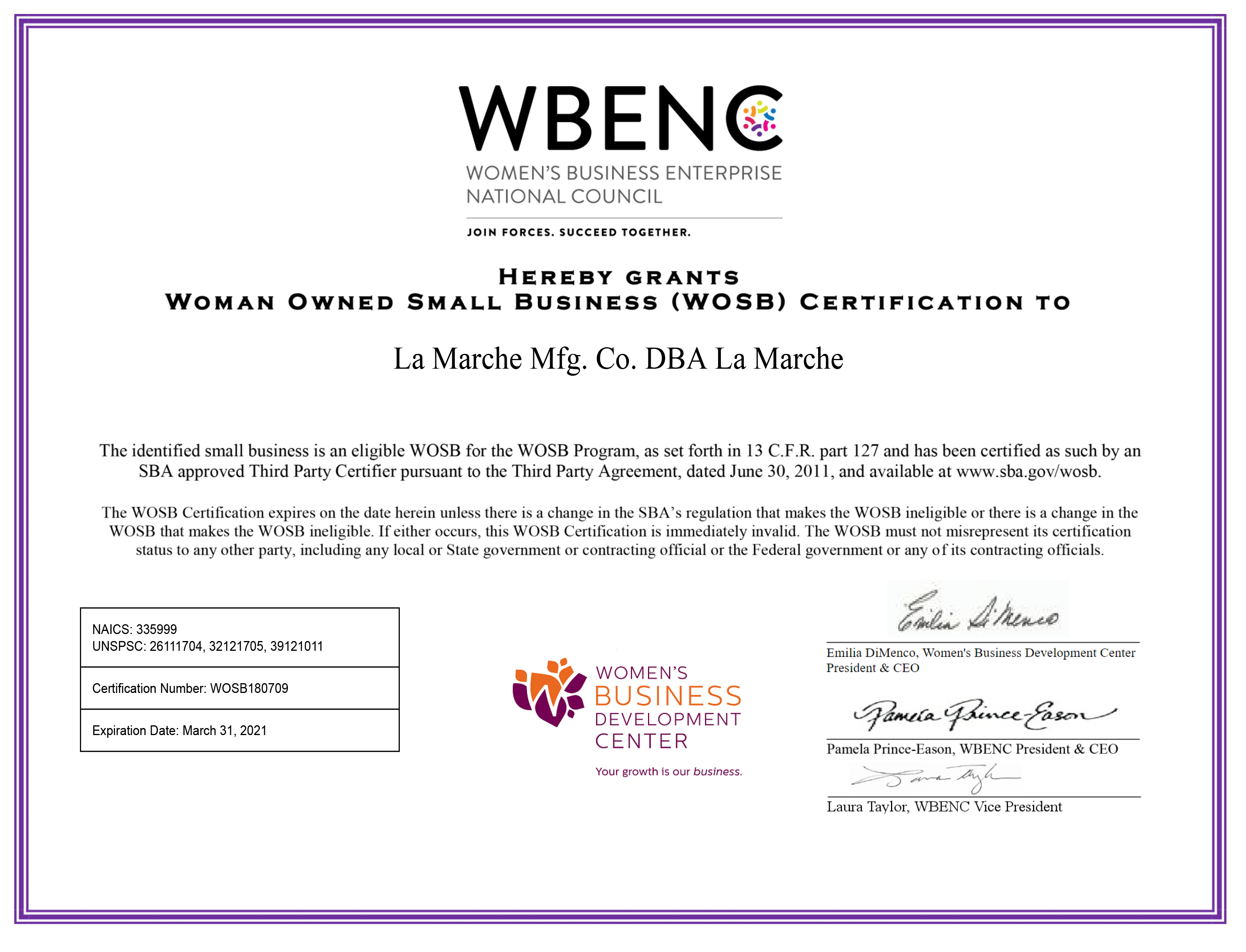 Women Owned Certificate
